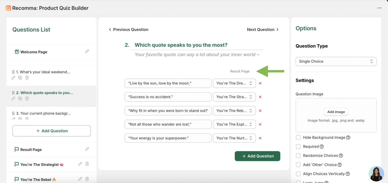 How to Show Multiple Result Pages by Choices in Your Shopify Quiz - Recomma - Product Quiz Builder